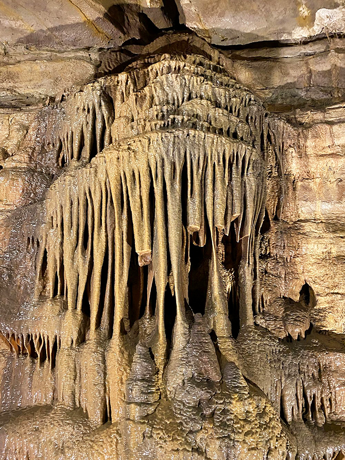 Intricate cave formations cascade down the wall like a frozen waterfall, showcasing the artistic side of geological processes.