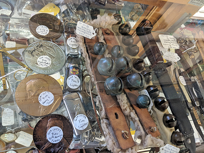 Display cases filled with small collectibles and memorabilia offer treasures for every budget and interest.