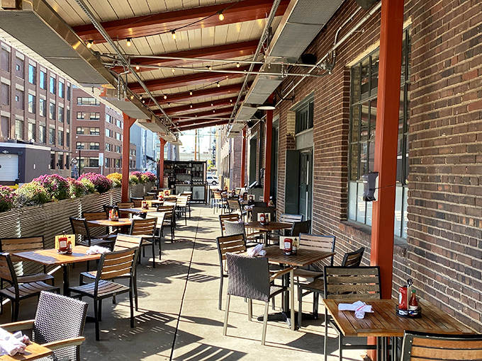 The patio offers that rare joy of enjoying ocean-fresh seafood while a gentle Midwestern breeze reminds you exactly where you are.