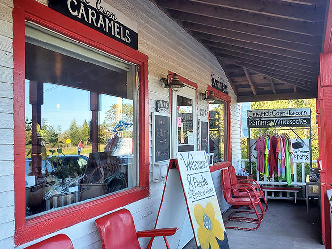 Red chairs on the porch invite visitors to sit a spell and savor both their chocolates and small-town charm.