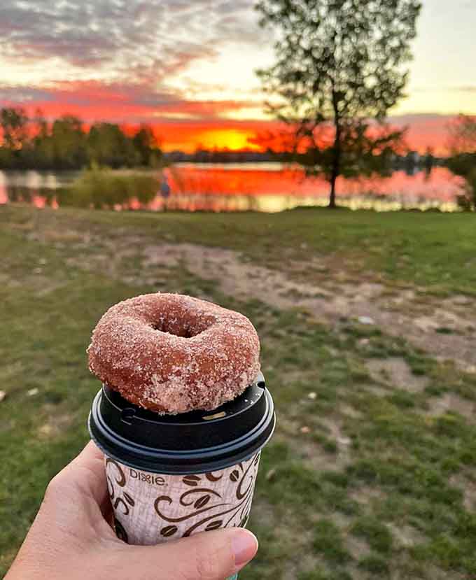 Sunrise, coffee, and a Petey's donut &ndash; the holy trinity of perfect mornings by Michigan's beautiful lakes.