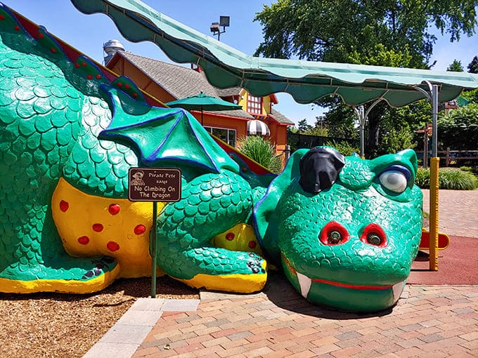 This friendly dragon isn't guarding treasure – he IS the treasure, offering tunnels of fun for explorers brave enough to enter.