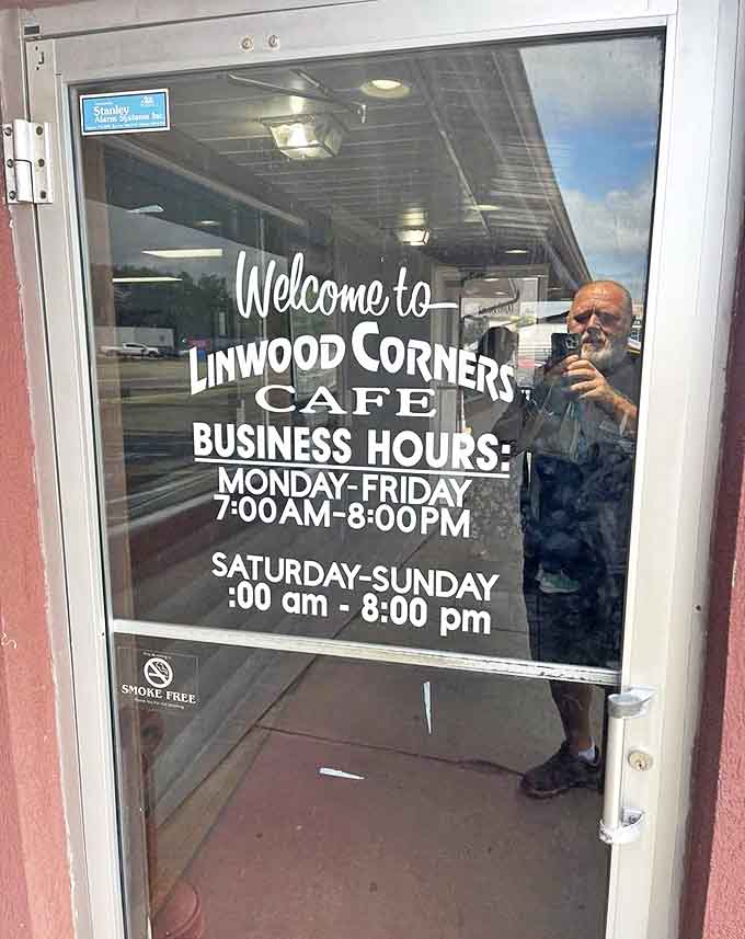 The entrance welcomes you with business hours that show this cafe is ready to feed you practically any time hunger strikes.