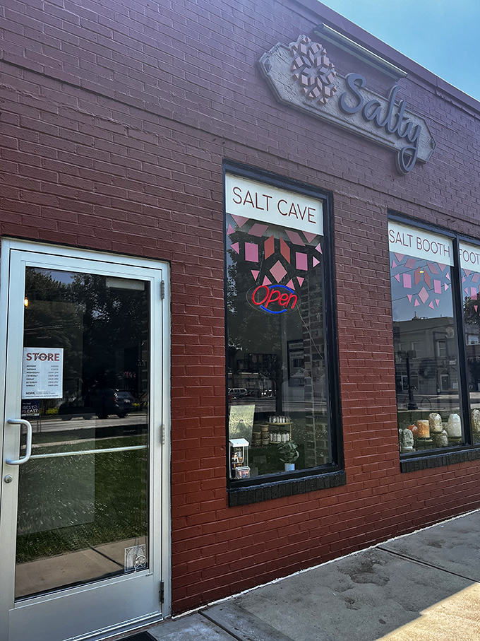 The unassuming exterior of Salty hides the mineral wonderland within. Never judge a wellness center by its brick facade.