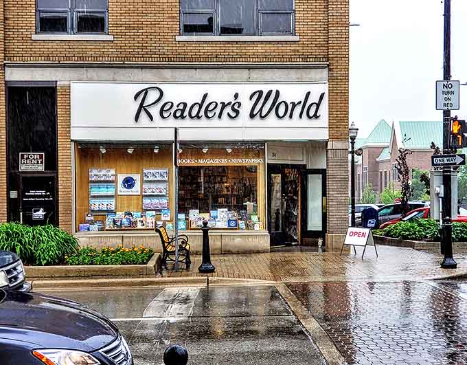 Even on rainy days, Readers World's welcoming storefront glows with literary promise, the perfect shelter for both bodies and minds.