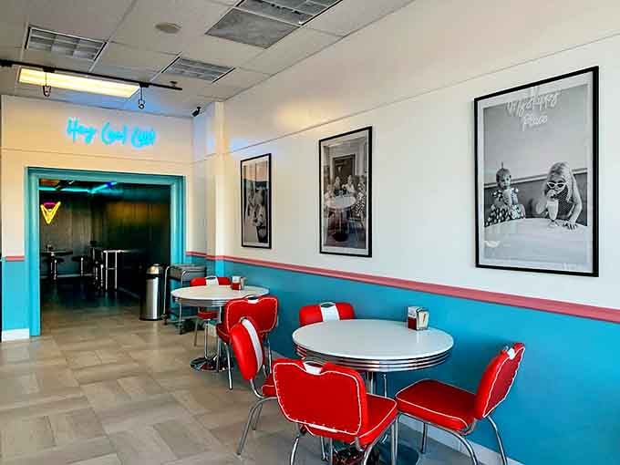 Crisp white tables and cherry-red chairs create the perfect stage for ice cream drama to unfold in technicolor splendor.