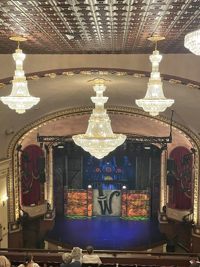 Spectacular chandeliers illuminate the theater with crystalline brilliance, their vintage glamour setting the perfect mood for an evening of entertainment.