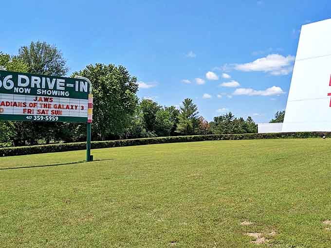 The grassy viewing area offers a perfect spot for those who prefer watching movies under open skies rather than through windshields.