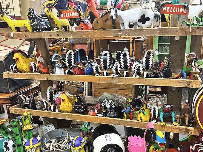 A menagerie of metal roosters, horses, and farm animals brings whimsical folk art charm to the store's eclectic offerings.