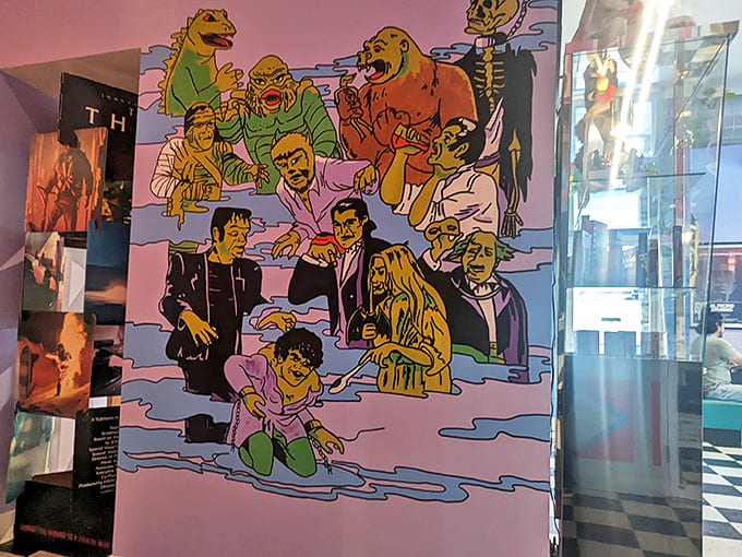 Classic movie monsters and madmen gather for what looks like the world's most interesting dinner party in this vibrant wall mural.