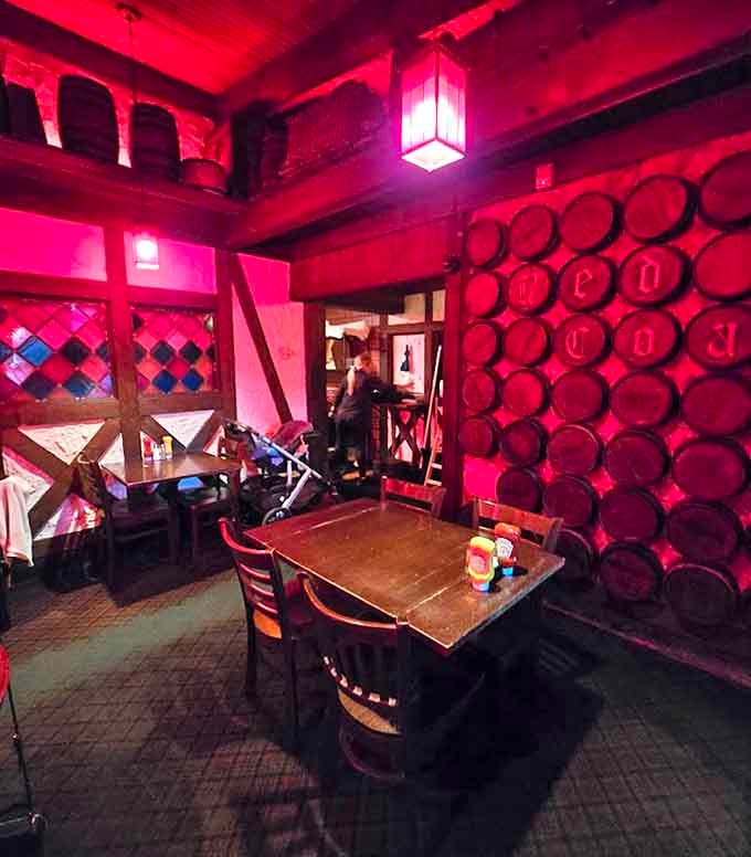 Barrel accents and stained glass details transport diners to an English pub without the hassle of passport control.