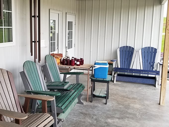 Adirondack chairs on the porch &ndash; the perfect spot to contemplate life's big questions while demolishing a cinnamon roll.
