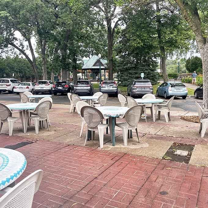 Outdoor seating where the Minnesota air makes everything taste better, especially when accompanied by people-watching and coffee.