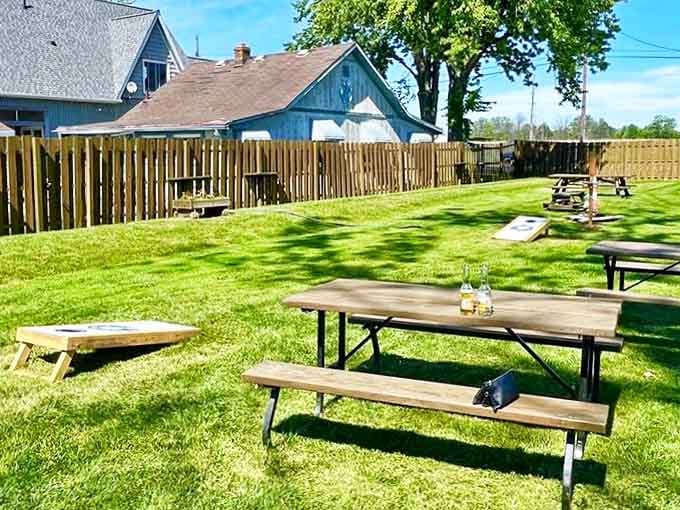 Blue Adirondack chairs invite you to sit a spell, digest that epic breakfast, and contemplate a second round.