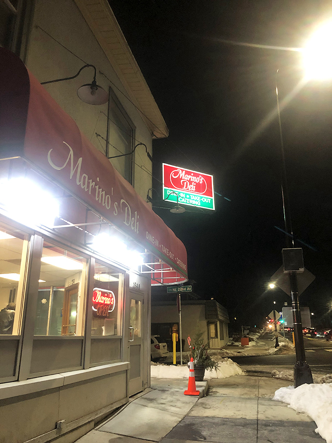 Evening lights illuminate Marino's welcoming storefront, a neighborhood beacon that's especially inviting during Minnesota's long winters.