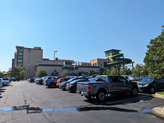 The parking lot &ndash; where Minnesota license plates mingle with those from neighboring states, all united in the quest for indoor aquatic adventure.