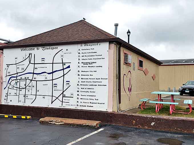 A helpful map on the building's exterior positions Wampach's as not just a restaurant but a community landmark in Shakopee's landscape.