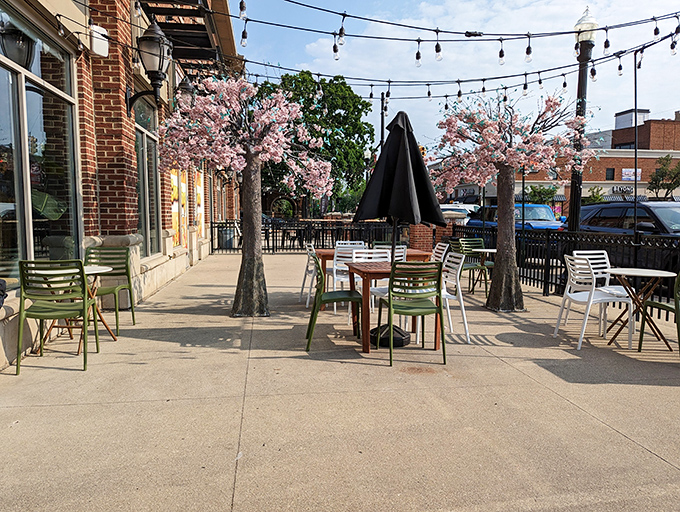 Cherry blossom trees create a canopy of perpetual spring over the patio, where dessert tastes even better under open skies.