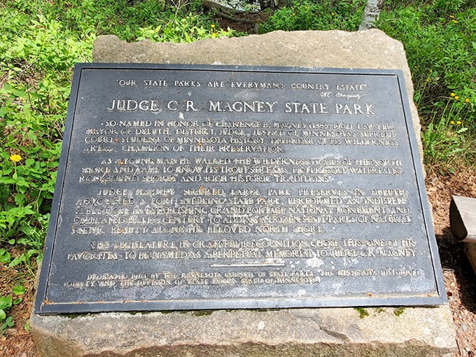 Plaque: This marker tells the story of Judge Clarence Magney, who helped preserve many of Minnesota's North Shore natural treasures.