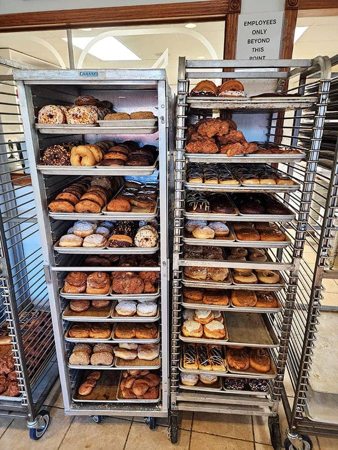 Rolling racks stacked with trays of donuts represent the behind-the-scenes operation that keeps this place running, a glimpse into the organized chaos of a working bakery.