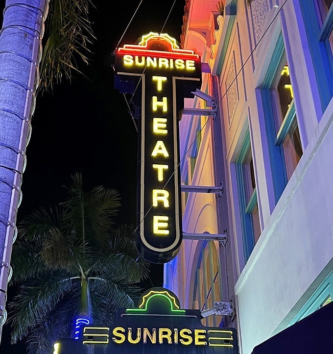 The vertical "THEATRE" sign serves as a downtown landmark, visible from blocks away and promising evenings of escape and inspiration.