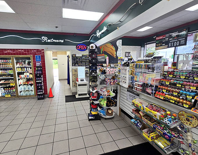 Candy bars meet culinary excellence in this convenience store interior where unexpected flavors lurk beyond the snack aisle.