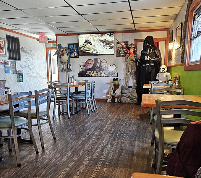 The dining area feels like stepping onto a movie set, where every meal becomes part of an intergalactic adventure.