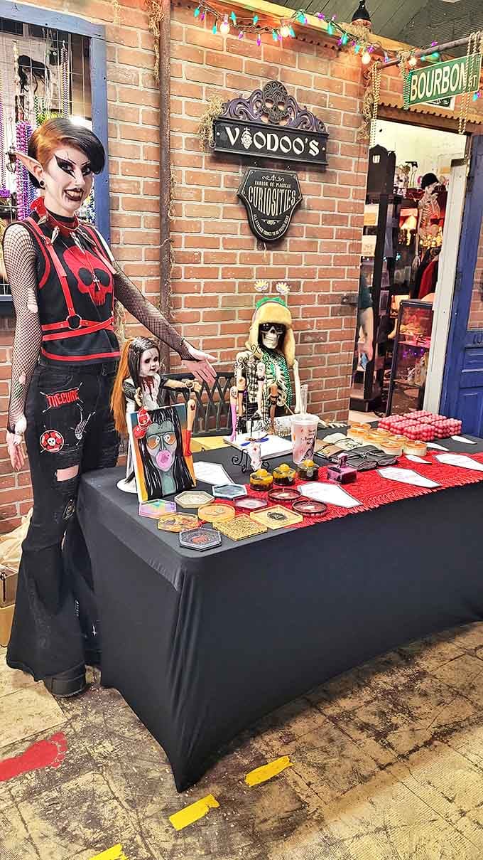 At this vendor booth, the line between customer service and summoning circles blurs as colorful tarot cards await your uncertain future.