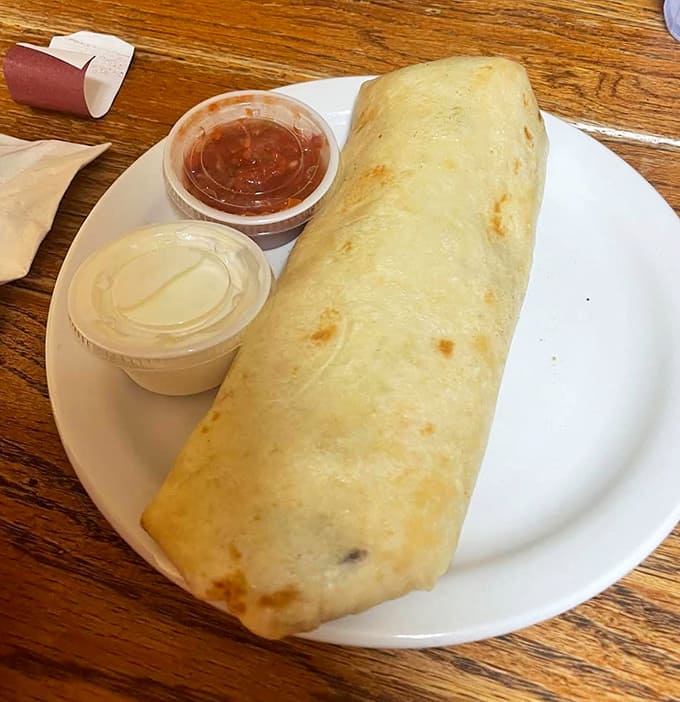 A breakfast burrito that means business, flanked by salsa and sour cream. Hand-held satisfaction that fuels island adventures.