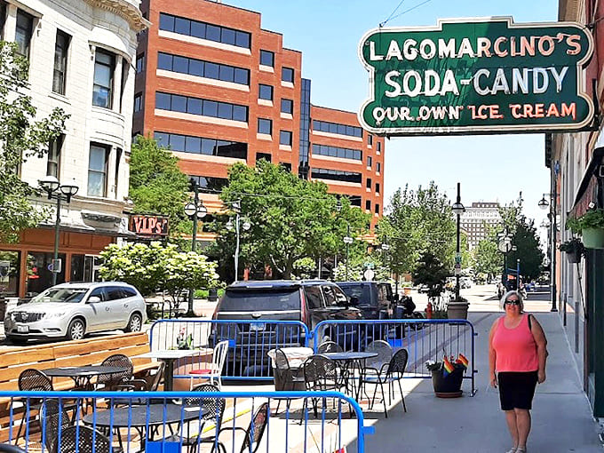 Outdoor seating where you can watch the world go by while the world watches your ice cream disappear &ndash; fair trade!