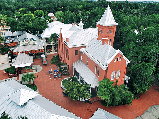 An aerial perspective showcases the Old Jail's impressive architecture and its prominent place in St. Augustine's historic landscape.