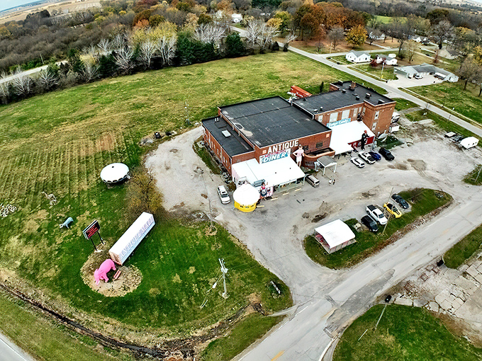 The big picture: An aerial view reveals the full glory of this roadside oasis, a colorful island in a sea of Illinois farmland.