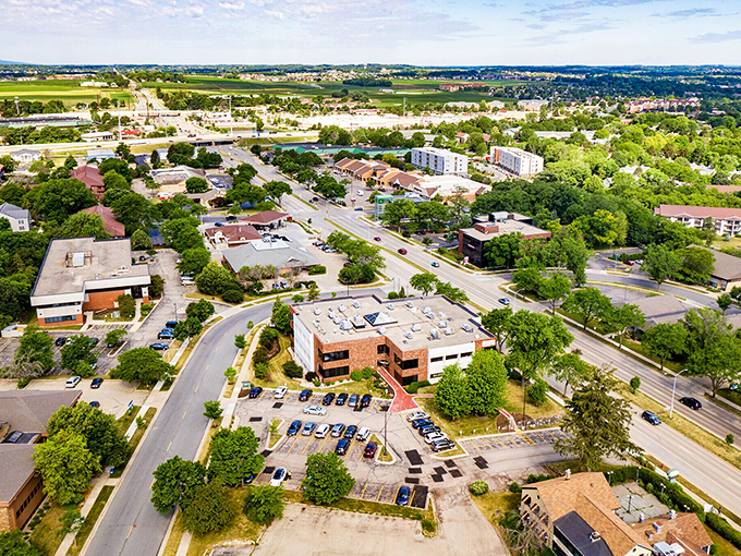 From above, Mineral Point reveals itself as a perfect blend of small-town charm and natural beauty, nestled in Wisconsin's dramatic Driftless landscape.