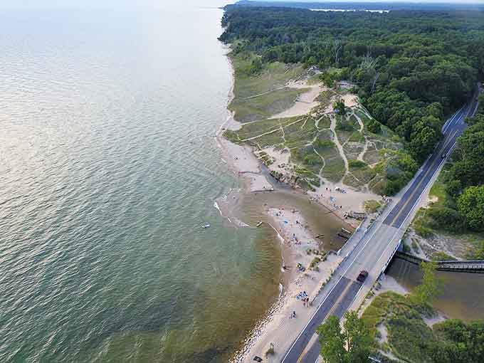 From above, the park reveals its perfect design: a slender road separating two bodies of water, like nature's own infinity pool.