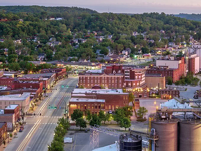 Twilight transforms the town: As evening falls, Red Wing's historic downtown glows with warmth, inviting visitors to explore its after-dark charms.