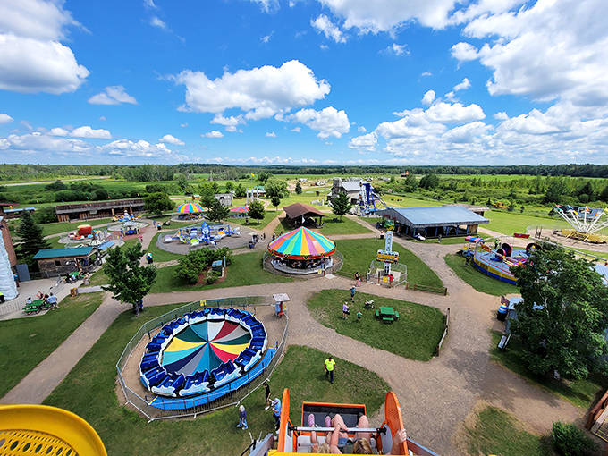 From above, the park reveals itself as a perfectly preserved slice of mid-century amusement, nestled in Minnesota's green landscape.
