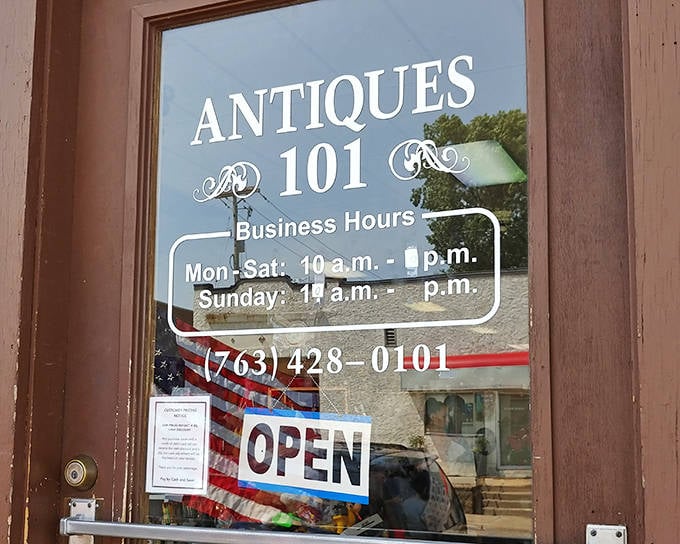 The store hours sign invites treasure hunters to plan their visit, promising adventures in nostalgia seven days a week.