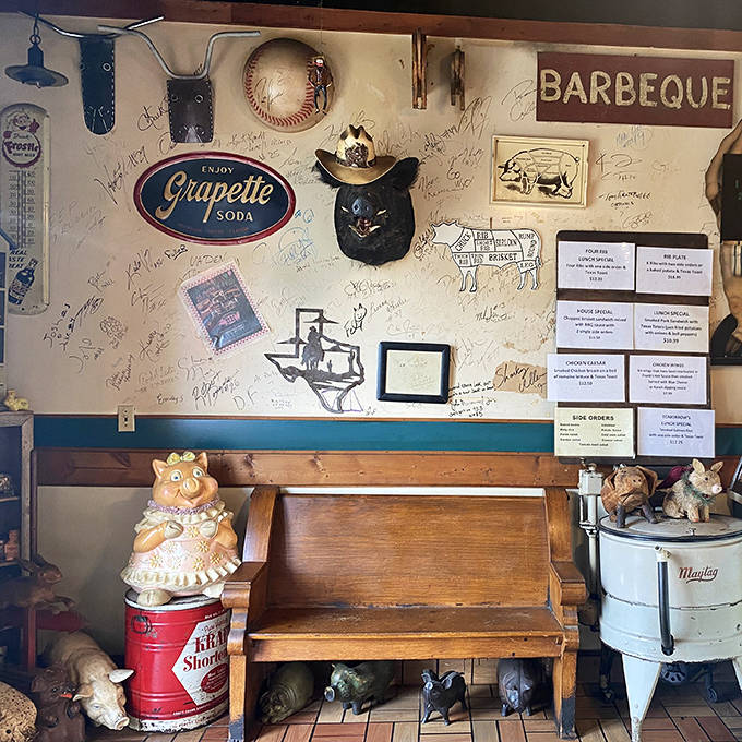 This isn't just a bench; it's a front-row seat to anticipation &ndash; where the signed wall behind it tells stories of satisfied customers who came before you.