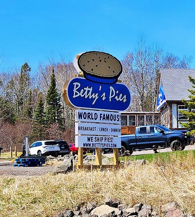 The roadside sign stands as a beacon of hope for hungry travelers &ndash; "World Famous" isn't just marketing when the pies consistently live up to the hype.