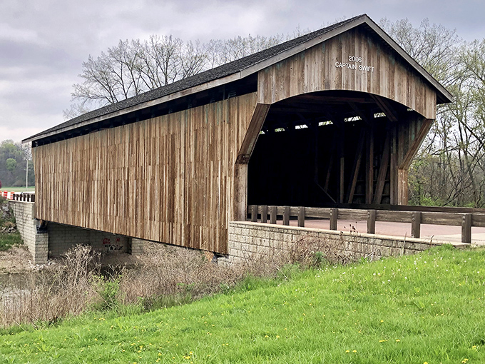 Wooden wonder: The Captain Swift covered bridge stands as a picturesque reminder of engineering ingenuity from a bygone era.