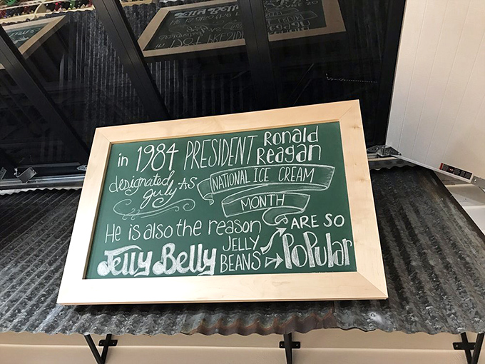 Charming signage sharing sweet facts, like how Ronald Reagan made jelly beans famous and we should all be grateful for his contribution.