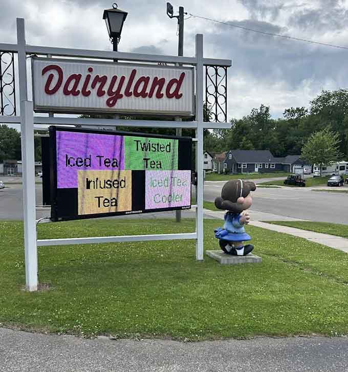 The Dairyland sign advertising various teas shows they're keeping up with modern tastes while staying true to their classic roots.
