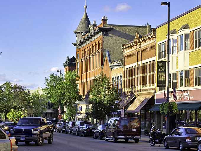 Downtown Northfield's historic buildings catch the golden hour light, their preserved facades telling stories of the town's rich 165-year history.