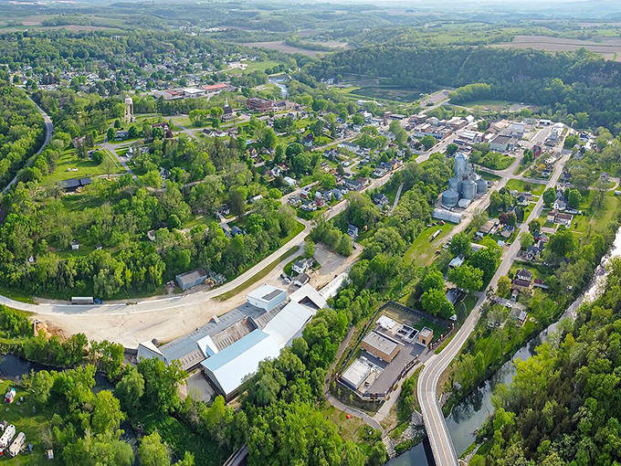 The drone's perspective reveals how Lanesboro exists in harmony with the surrounding landscape, a partnership that benefits everyone involved.