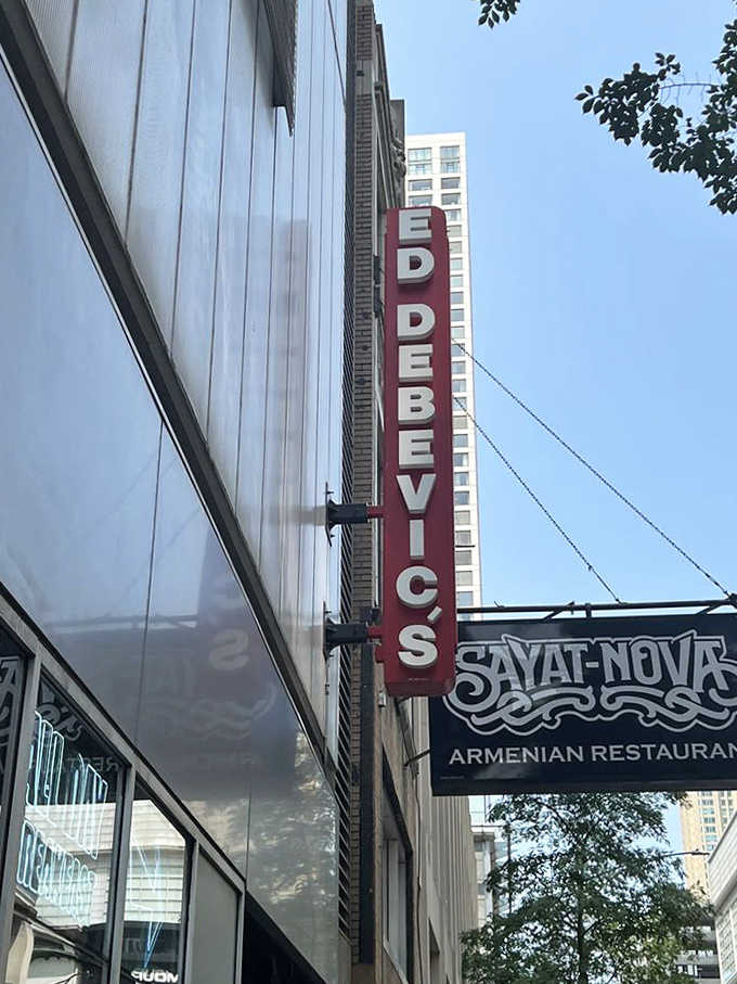 That vertical signage announces Ed Debevic's to the Chicago streets like a beacon calling all hungry souls to retro paradise.