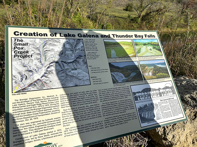 Educational markers tell the geological story of the falls, turning "ooh, pretty water" into "fascinating 450-million-year-old limestone formation."