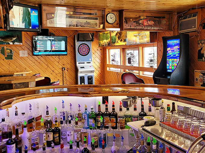 The well-stocked bar offers a wide selection of spirits, proving the Moccasin Bar takes both its drinks and its taxidermy seriously.