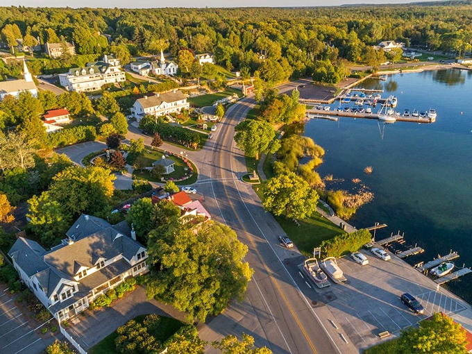 From above, Ephraim reveals its perfect positioning along Eagle Harbor, where land and water embrace in postcard harmony.