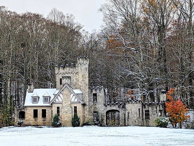 The castle's detailed stonework and turrets stand as testament to architectural ambition – medieval dreams realized in America's heartland.