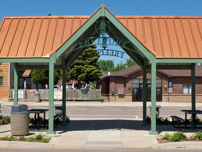 Freeport's park pavilion provides a gathering space for community events, with the smiling water tower often visible in the background during celebrations.